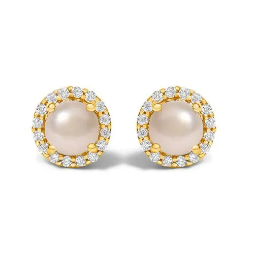 HAUS OF BRILLIANCE 10k Gold Gemstone And Diamond Halo Stud Earrings - Yellow | Pearl